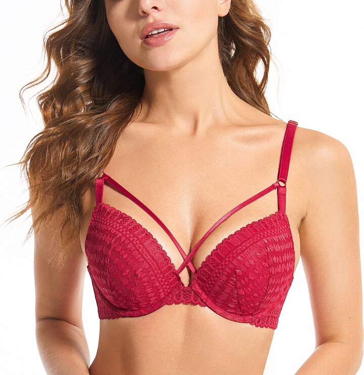 Deyllo Women's Push Up Lace Bra Sexy Deep V Lift Up Underwire Padded Comfort Everyday Bra(Red ...