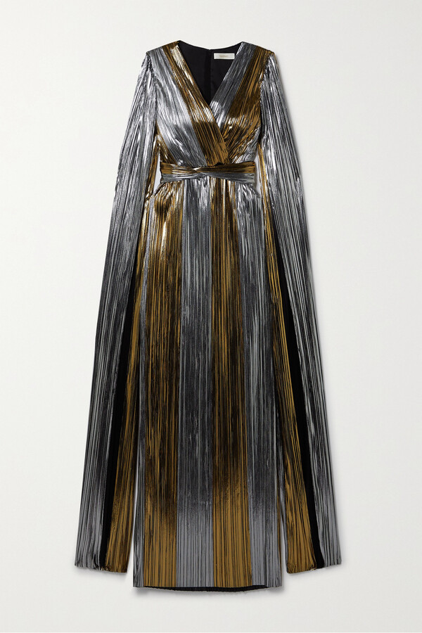 Semsem Cape Effect Plissé Lamé Gown Gold Shopstyle Evening Dresses