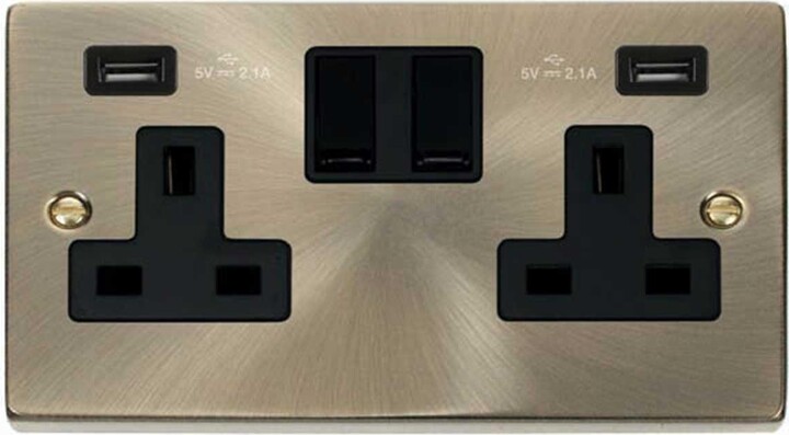 SE Home Antique Brass 2 Gang 13A 2 USB Twin Double Switched Plug Socket ...