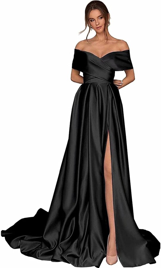 DELEND Women Sexy Off Shoulder Prom Dress Long Satin Party Dress Empire Waist High Slit Formal ...