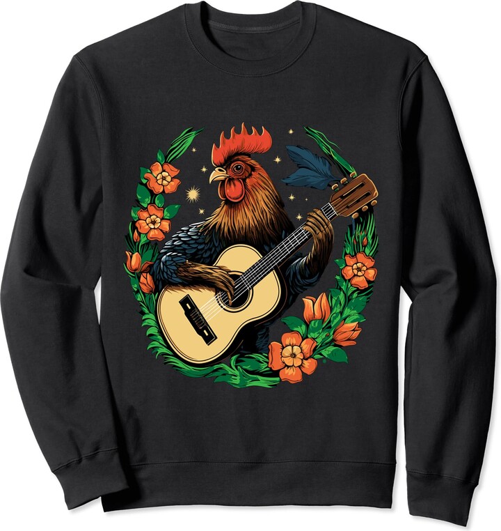 Cottagecore Rooster Playing Guitar Green Flowers Cottagecore Rooster ...