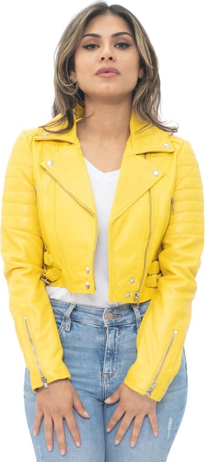 Cropped Brando Leather Biker Jacket-Damascus - Yellow - ShopStyle