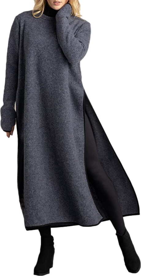 VONDA Women Jumper Dress Polar Fleece Long Sleeve Midi Dresses Two Side ...