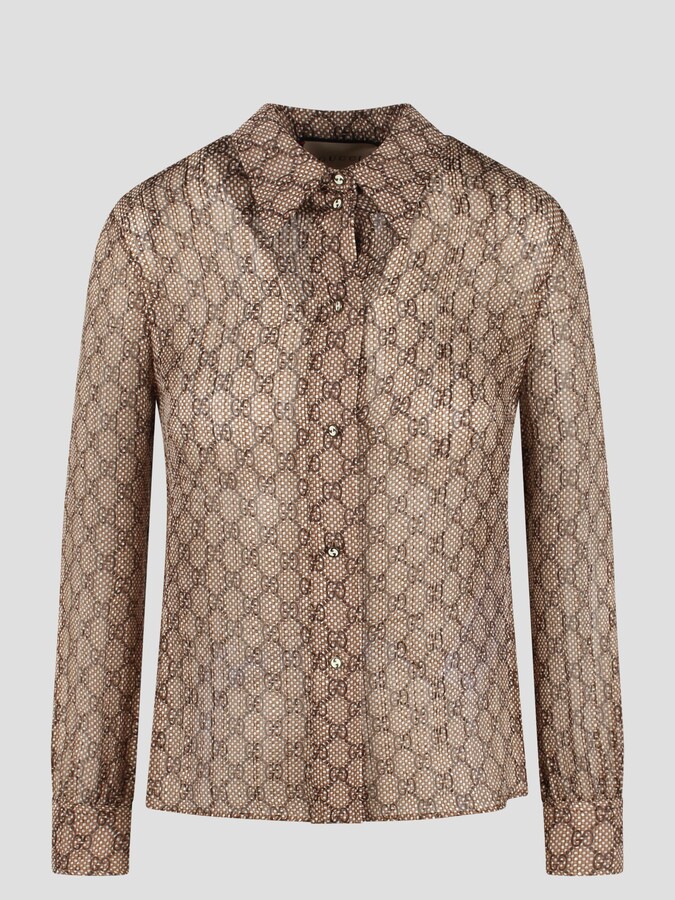 Gucci Gg Damier Print Silk Shirt - ShopStyle Tops