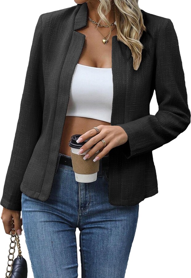Mina Self 2025 Women's Spring Tweed Blazer Jacket Open Front Notch-Collar Fully-Lined Business ...