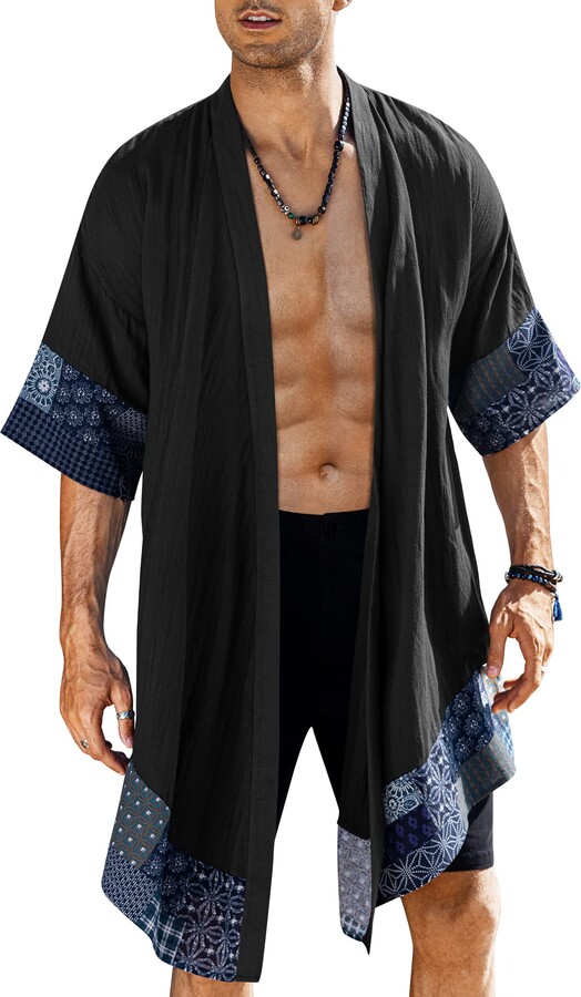 COOFANDY Men's Long Cardigan Cotton Kimono Robe Lightweight Casual ...