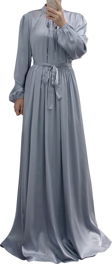 IWEMEK Women Muslim Satin Dress Prayer Abaya Dubai Kaftan Solid Plain ...