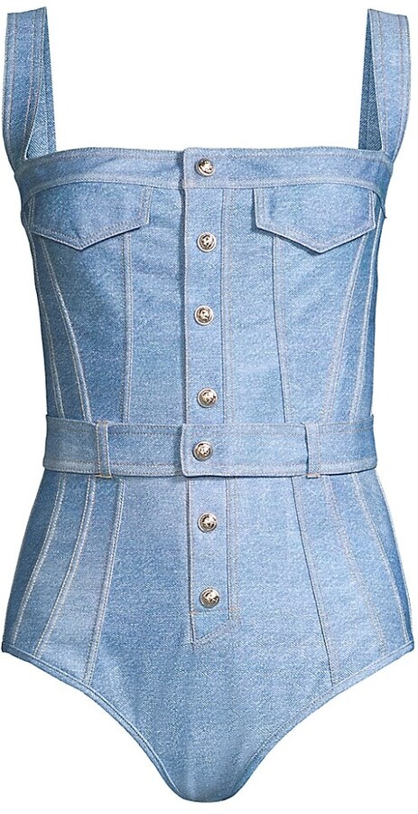 Balmain One-Piece Faux Denim Swimsuit - ShopStyle