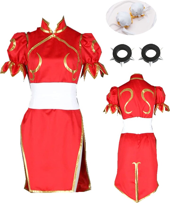 MANMICOS US Size Anime Chun Li Cosplay Costumes Red Cheongsam Halloween ...