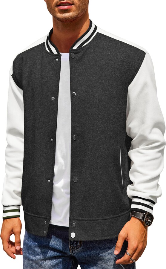 COOFANDY COOFADNY Grey Varsity Jacket Men Fleece Letterman Jacket Wool ...