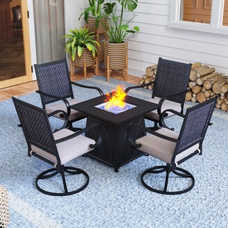 PATIO TIME Gas Fire Pit Table Outdoor Dining Set 5-Piece Rattan Swivel ...