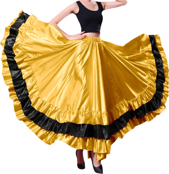 BACKGARDEN Women Black Red Layers Satin Long Skirt for Spanish Flamenco ...