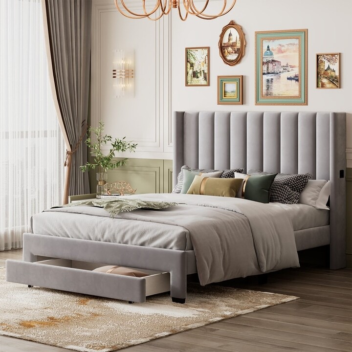 joliwing Queen Size Velvet Upholstered Platform Bed with Extra Tall ...