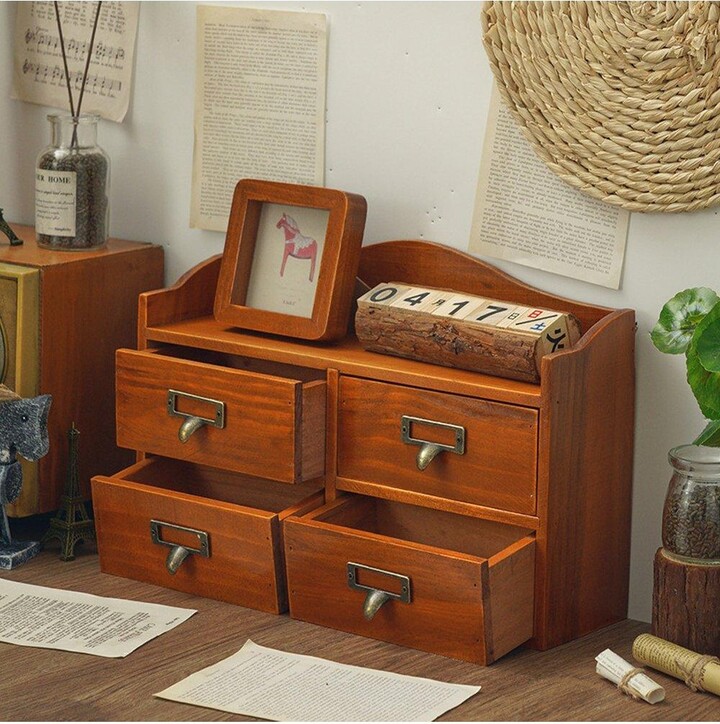 Living and Home Wooden Vintage Desktop Storage Cabinet Box with Drawer ...