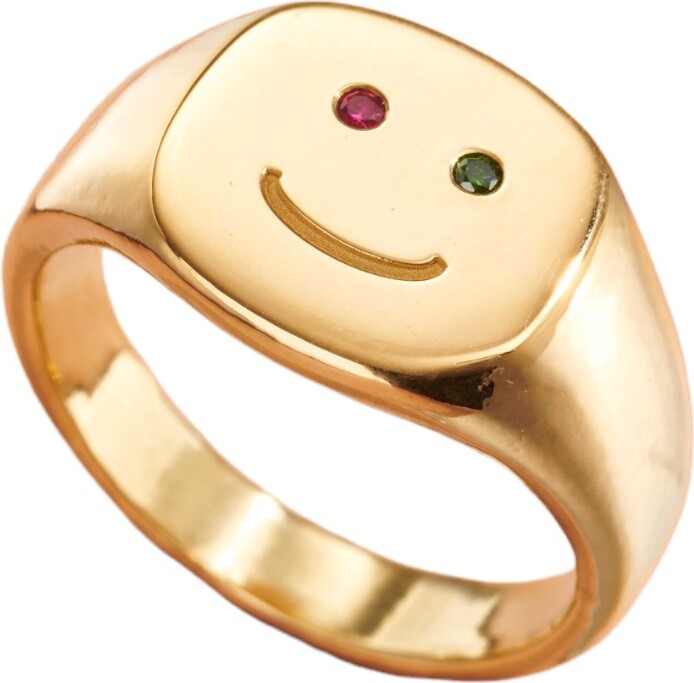 Posh Totty Designs - Gold Plated Emerald And Ruby Smiley Face Signet ...