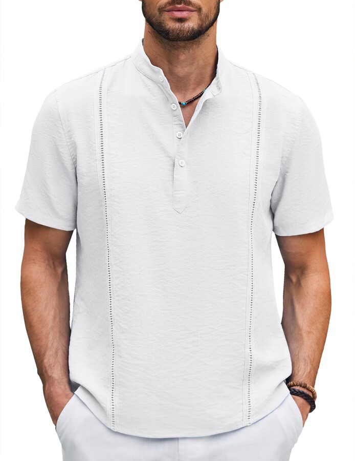 COOFANDY Men Short Sleeve Henley Shirts Beach Guayabera Cuban Linen Summer Band Collar Hippie ...
