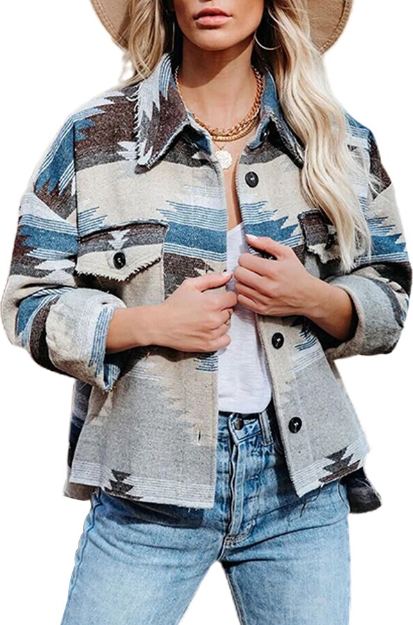 Springrain Womens Aztec Jacket Shacket Vintage Boho Woolen Button Down ...