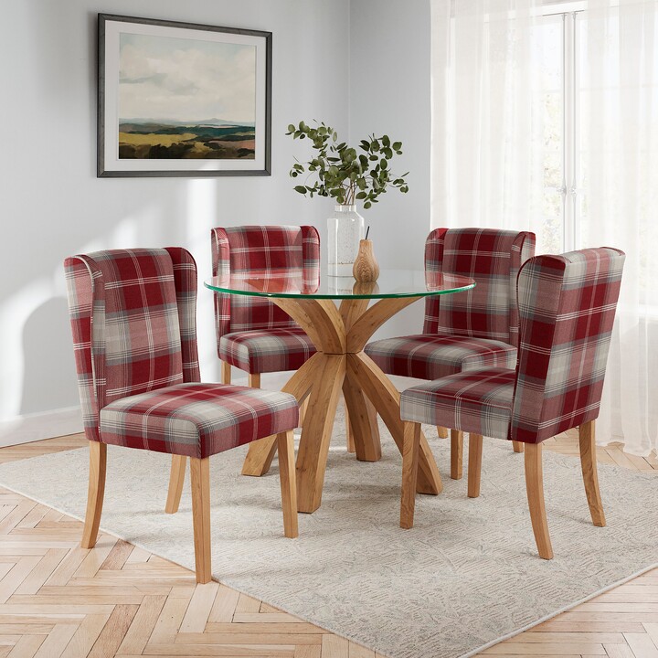Dunelm Xavi Round Dining Table with 4 Oswald Red Country Check Dining ...