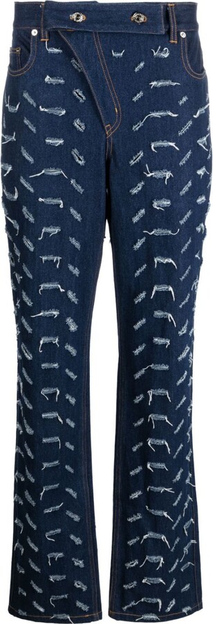 JUNTAE KIM Blue Slashed Straight-Leg Jeans - ShopStyle