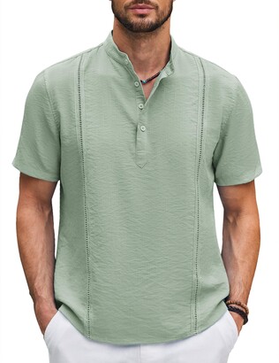 COOFANDY Men Short Sleeve Henley Shirts Beach Guayabera Cuban Linen Summer Band Collar Hippie ...