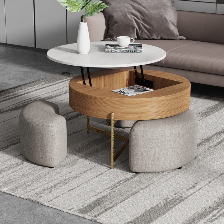 INSEUS Lifting-top Round Modern Coffee Table with 3 Nesting Stool ...