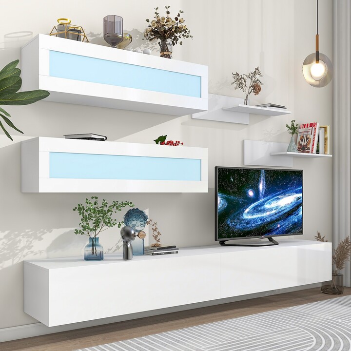 GREATPLANINC Wall Mount Floating LED TV Stand with 4 Media Storage ...