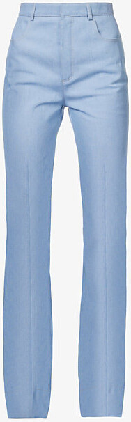 Saint Laurent Womens Bleu Ciel Contrast-stitch Pressed-crease Flared ...