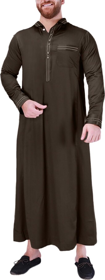 BIKETAFUWY Qamis Men's Plain Lapel Collar Ramadan Djellaba Men Muslim ...