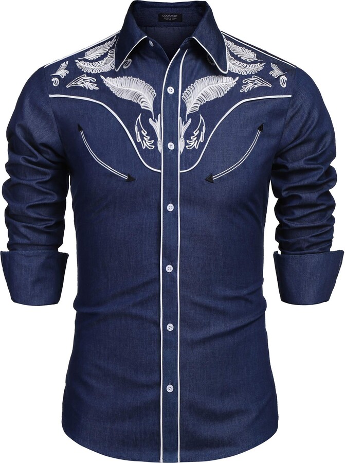 COOFANDY Men's Western Cowboy Shirt Long Sleeve Button Down Embroidered Shirt - ShopStyle