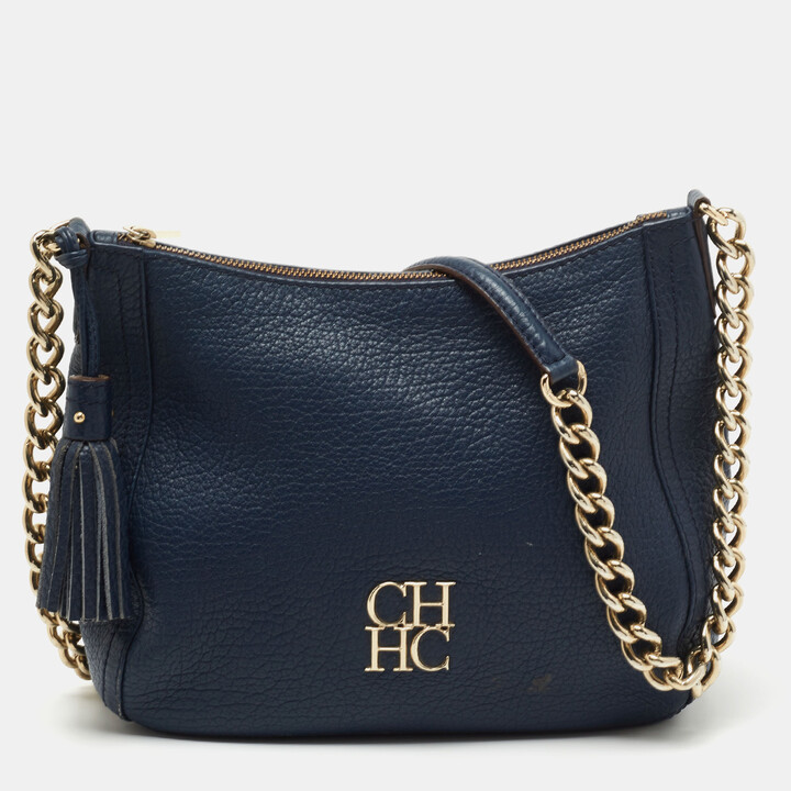 CH Carolina Herrera Navy Blue Pebbled Leather Maria Shoulder Bag ...