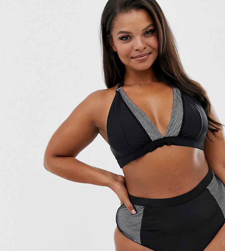 Wolf & Whistle Curve Exclusive fishnet triangle bikini top in black - ShopStyle Two-Piece