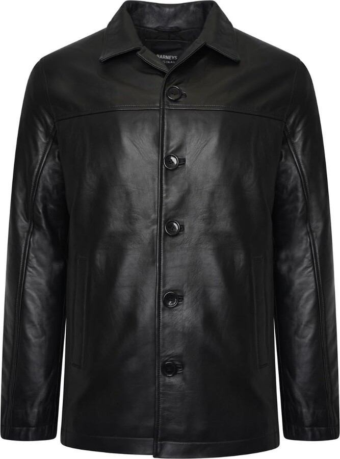 BARNEYS Men's Real Leather Button Up Reefer Jacket | Black | Size M ...