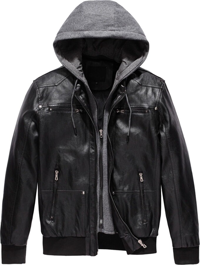 Generic Mens PU Leather Hooded Coat Can Be Detachable Cap And Fleece ...