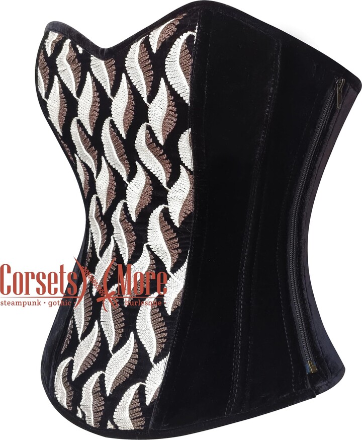CorsetsNmore Women’s Black Velvet With White Thread Leaf Work Overbust ...