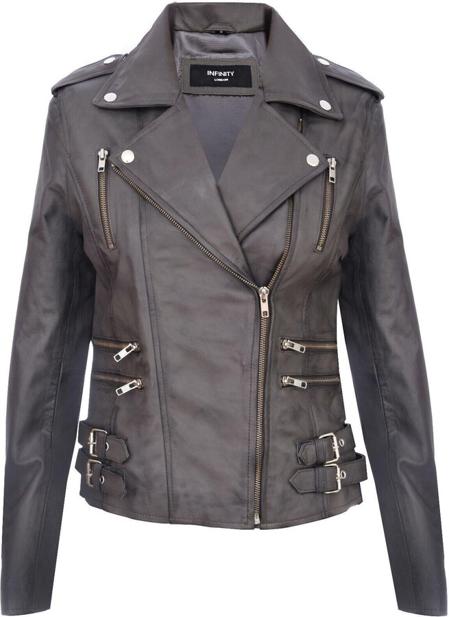 Infinity Leather Leather Brando Biker Jacket-Loddon - Grey - ShopStyle