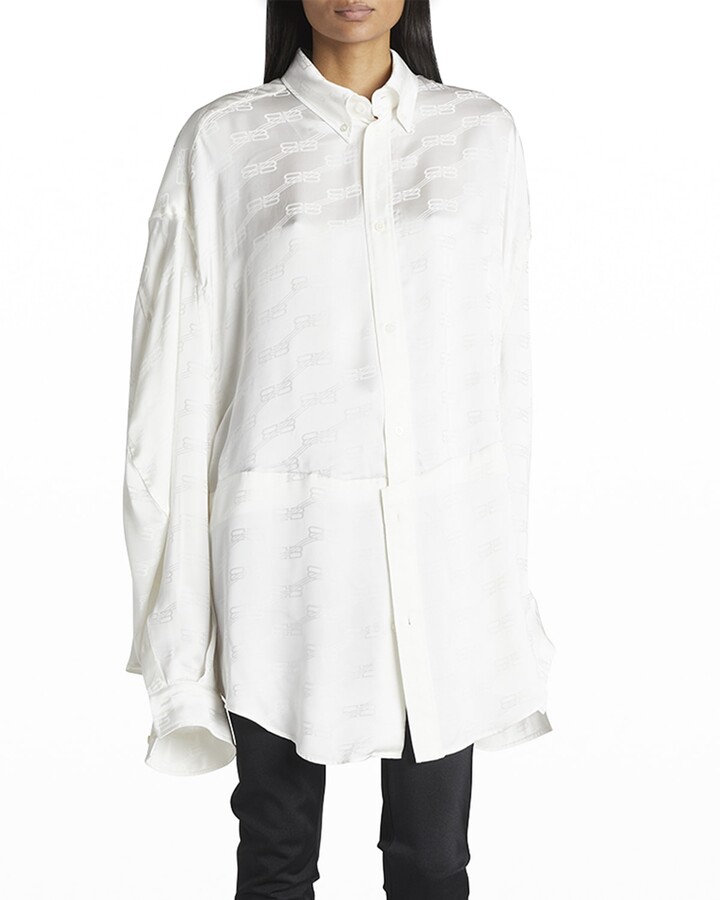 Balenciaga Twisted BB Logo Satin Jacquard Oversized Shirt - ShopStyle Tops