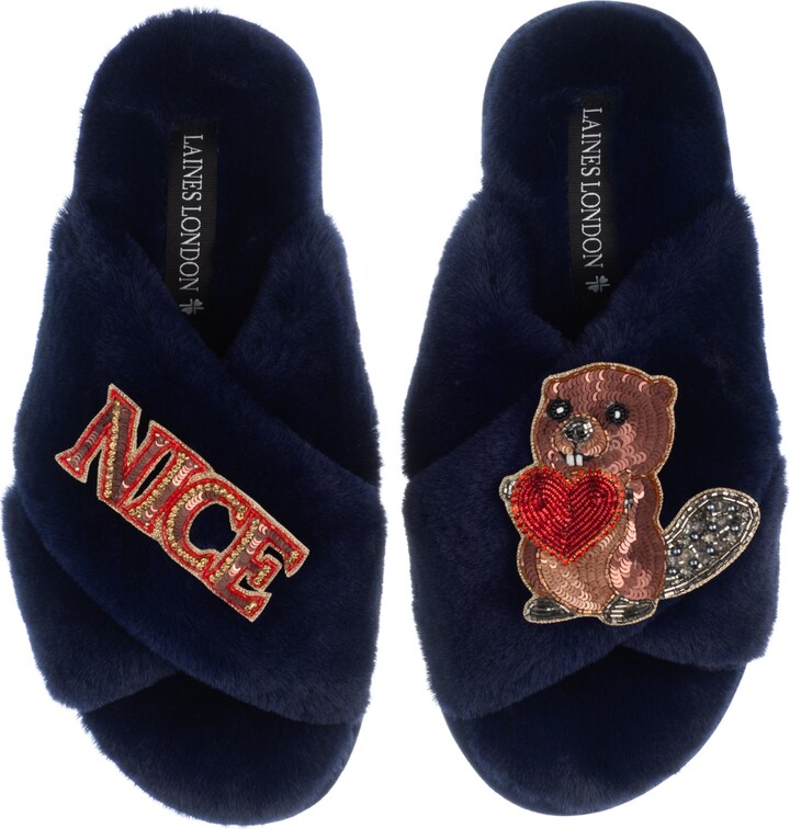 Laines London Blue Classic Laines Slippers With Nice Beaver - Navy ...