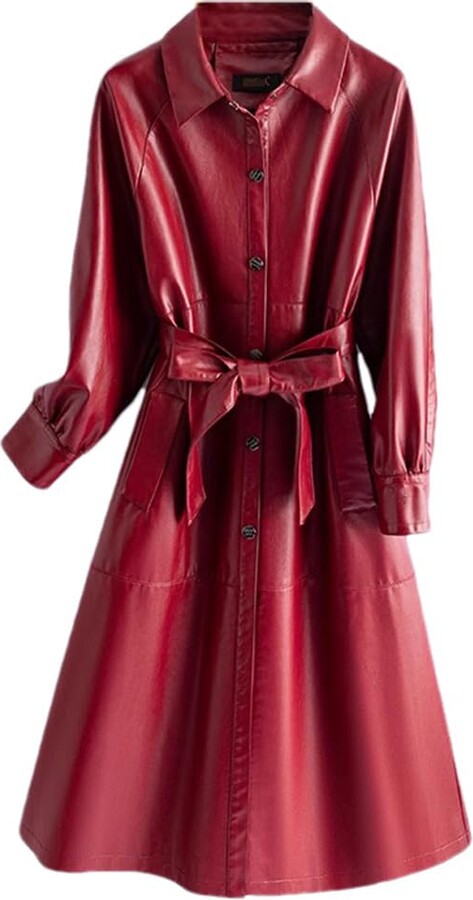 Wvapzxx Women Long Leather Coat Autumn Winter Turn Down Collar Single Breasted Split Leather ...