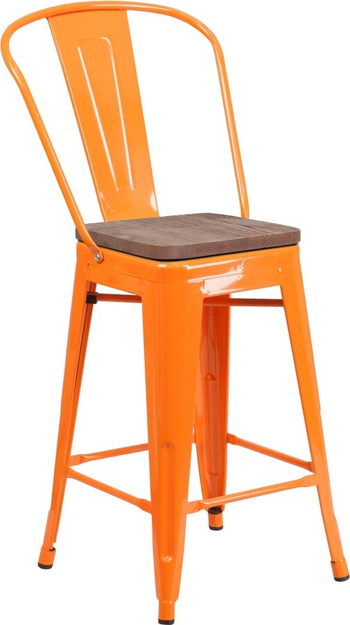 Emma and Oliver 24"H Orange Metal Counter Height Stool with Back and ...