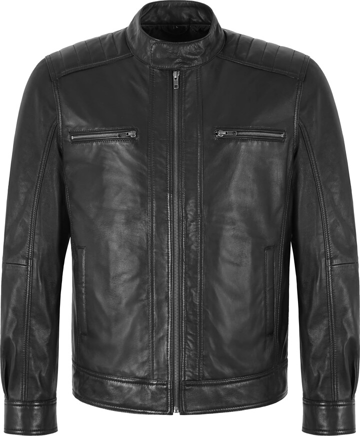 Smart Range Leather Mens Cafe Racer Zip Up Moto Leather Jacket Black ...