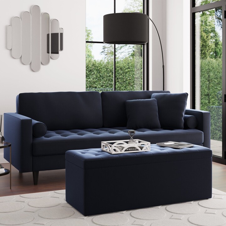 Dunelm Oswald Velvet Buttoned Ottoman Bench Luxe Navy - ShopStyle