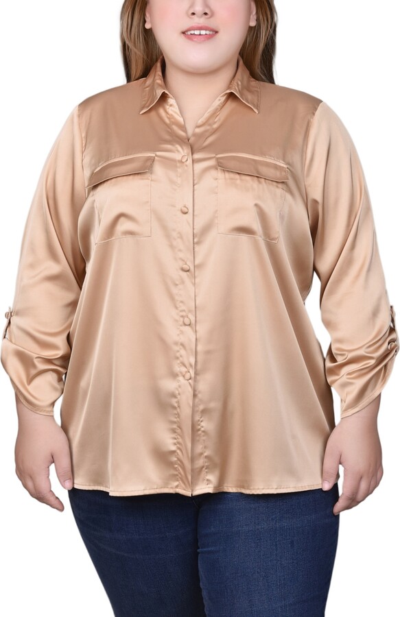 NY Collection Plus Size 3/4 Sleeve Roll Tab Satin Blouse - ShopStyle