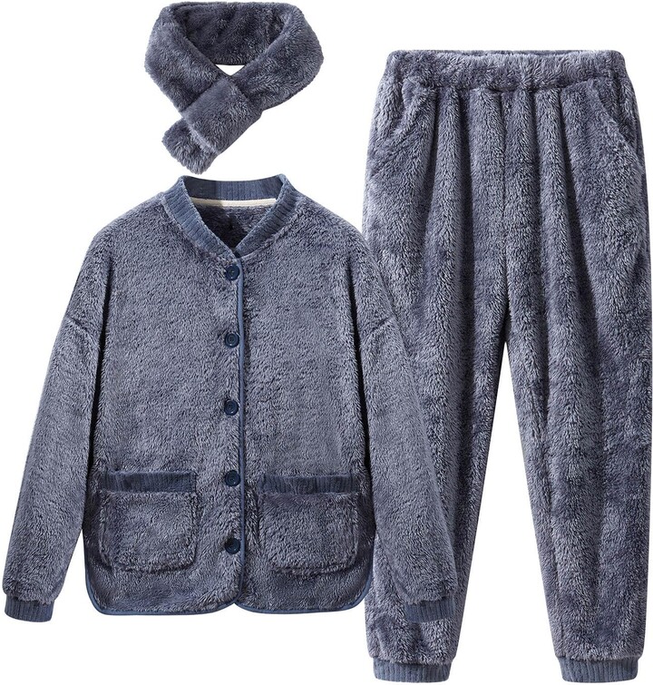 FunAloe Fluffy Pjs For Women Sets Thermal Fleece Pyjama Sets With Scarf ...