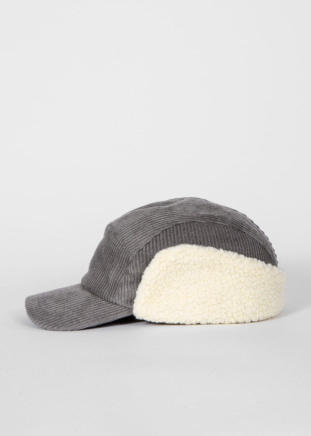 Paul Smith Men's Grey Corduroy And Faux Shearling Baseball Cap With Ear ...
