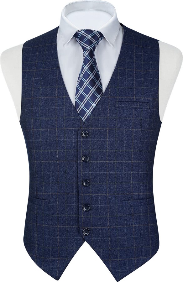 FAIMO Dark Blue Waistcoat Mens Formal Plaid Waistcoat Classic Check ...