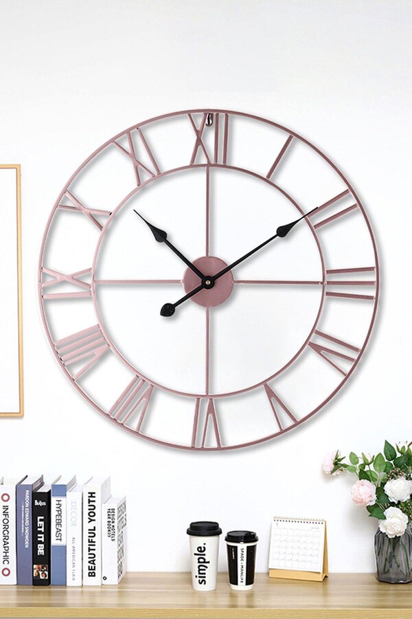 Living and Home 60cm Dia Rose Gold Roman Numeral Skeleton Wall Clock ...