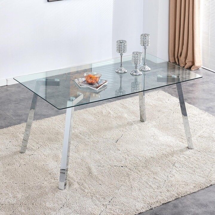 LUSPAZ a Modern Minimalist Rectangular Glass Dining Table with Tempered Glass Tabletop and ...