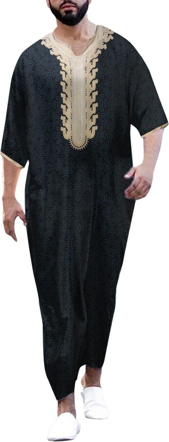 COOFANIN St. Patrick's Day Mens Ethnic Kaftan Moroccan Thobe African Thobe Black and Gold Two ...