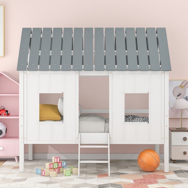 NOVABASA Twin House Bed for Kids, House-Shaped Low Loft Wood Bed with ...