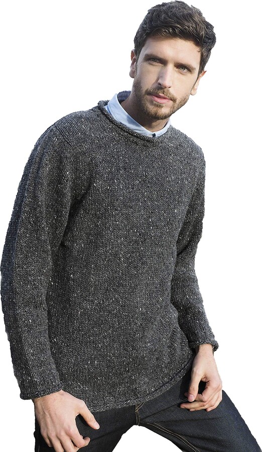 Aran Crafts Men's Irish Cable Knitted Wool Curl Neck Sweater (K4594-XL ...